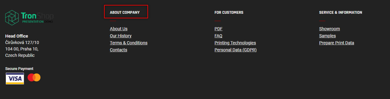 Footer links & contact setting up – PromoTron Solutions a.s.