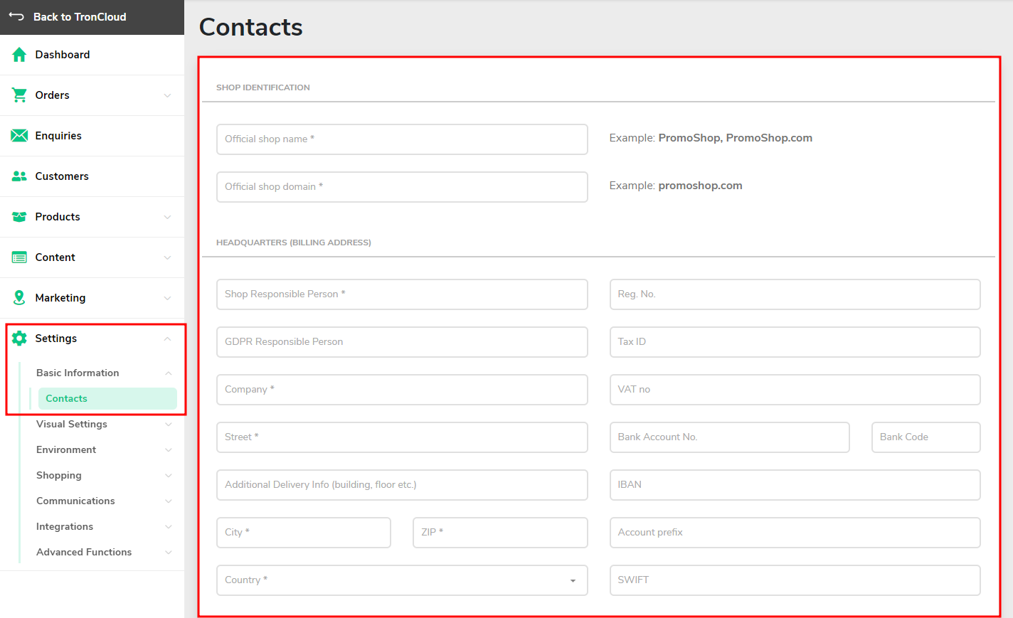 Set up company profile, contact information and social sites ...